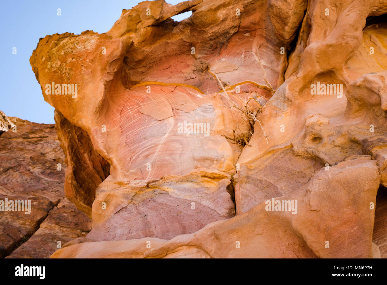 Colorful sandstone wall eroded in a design in Petra World Heritage site ...