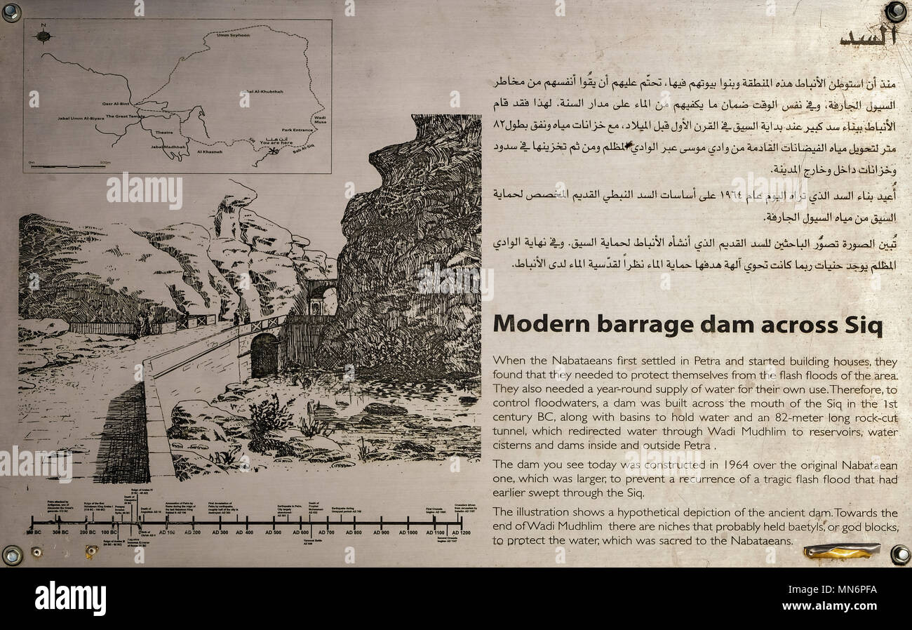 Modern barrage dam across Siq explanatory board Stock Photo - Alamy