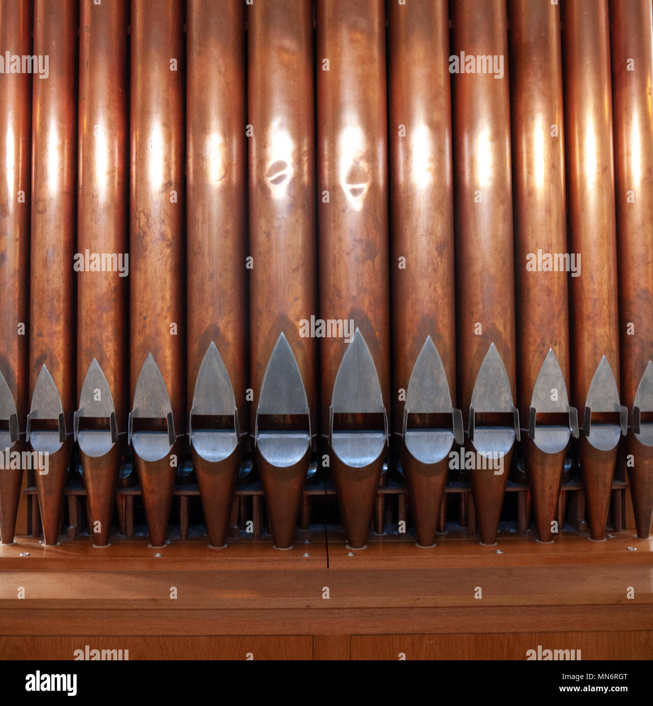 Detail of copper organ pipes, Interior of Hallgrimskirkja, Reykjavik ...