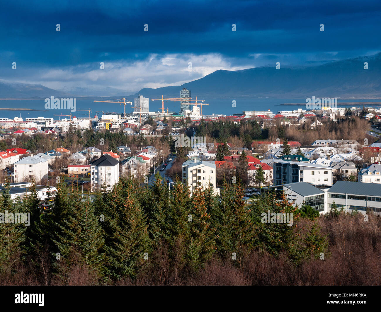 View of city of Reykjavik from Perlan restaurant on water towers ...