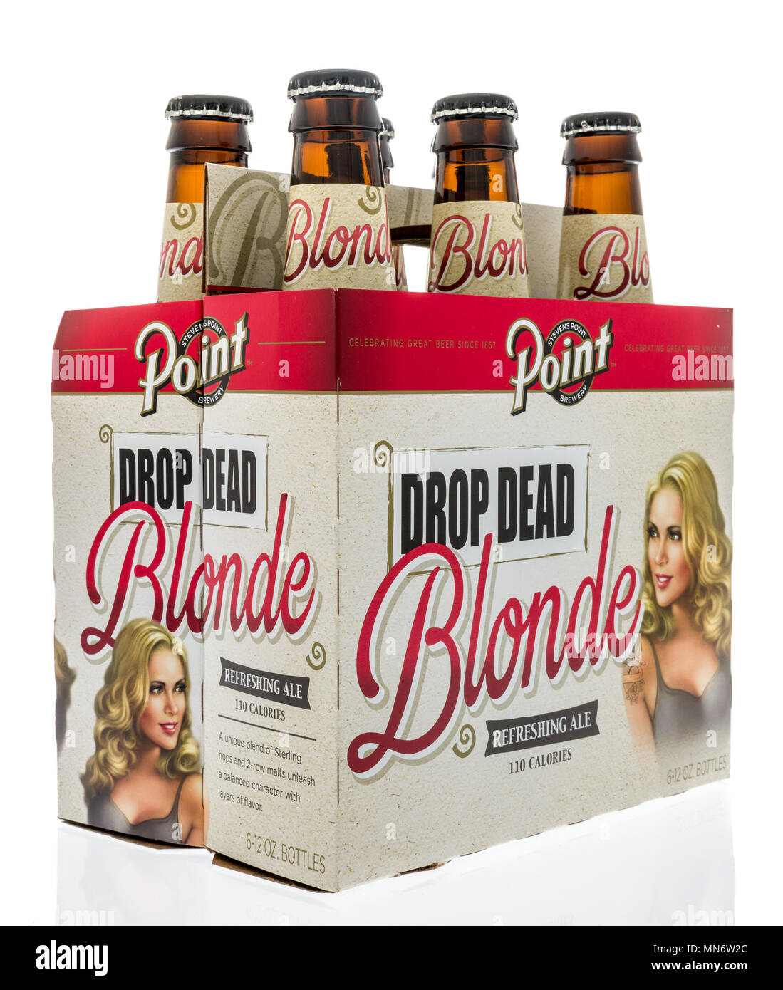 Winneconne, WI - 8 May 2018: A six pack of Point drop dead blonde beer ...