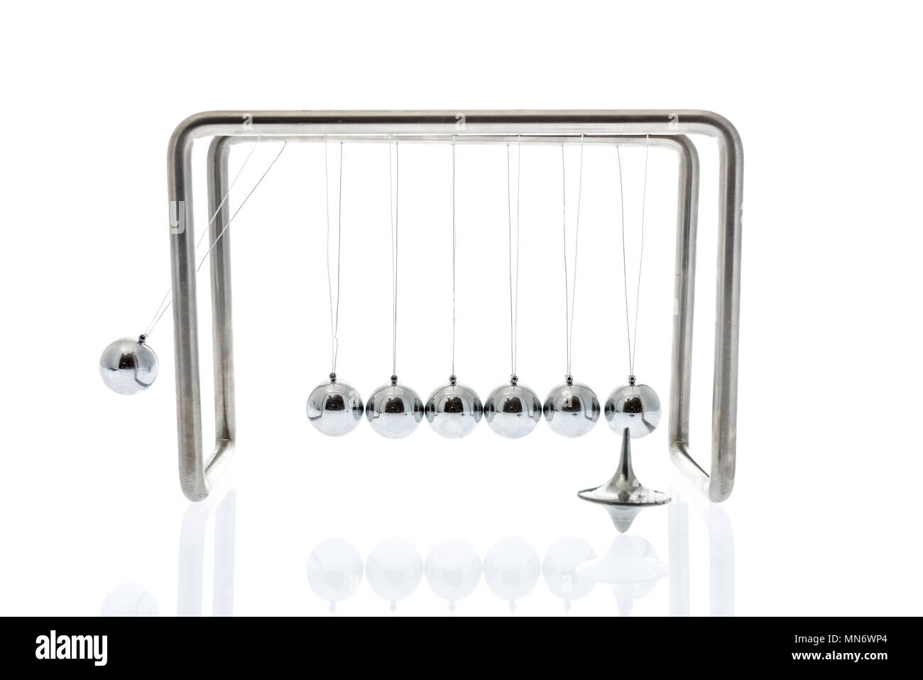 Physics at work with a Newton cradle swinging and a spinning top on an ...