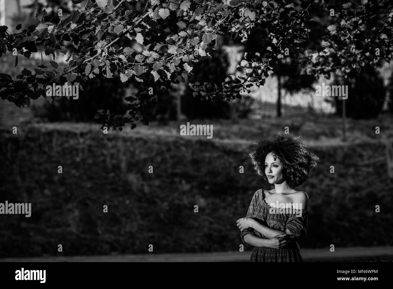 Young Black Woman With Afro Hairstyle Standing In Urban Background