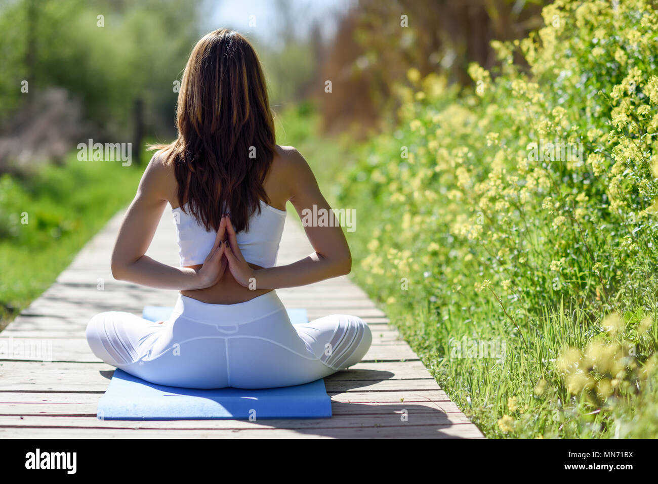 Back view of young woman doing yoga in nature. Female wearing sport ...