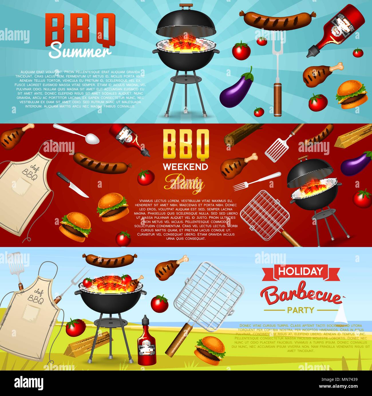 Barbecue grill elements set isolated on red background. BBQ party ...