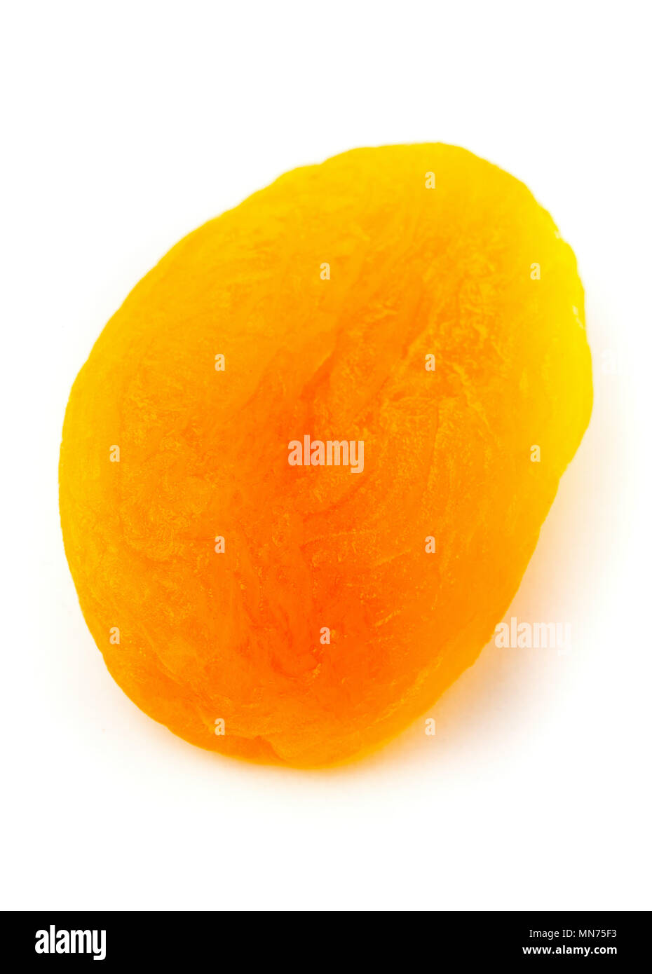 Single dried apricot fruit close up over white background with ...