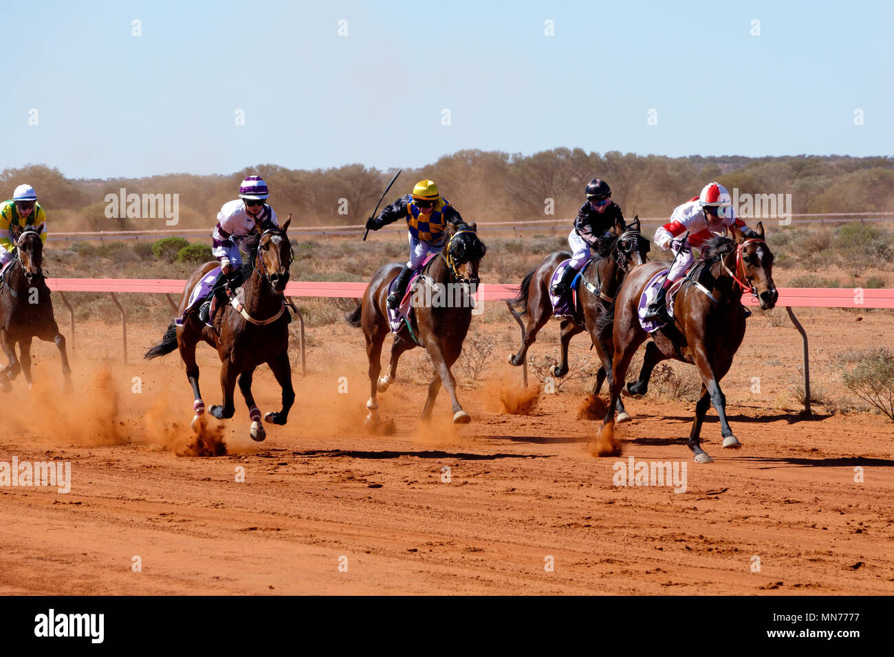 Race horses racing on a dirt track, Mt Magnet, Eastern Goldfields ...
