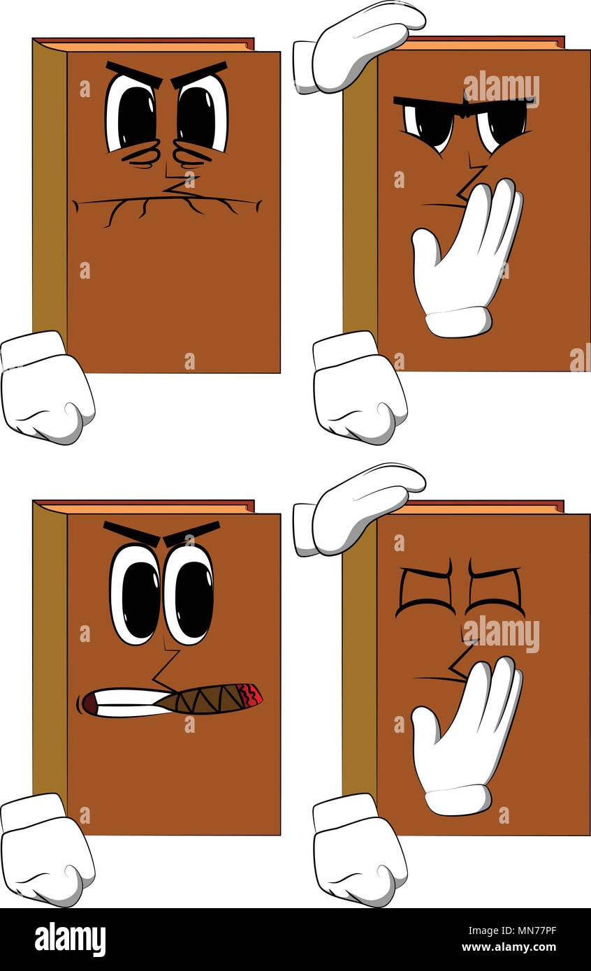 Books comforting another. Cartoon book collection with angry faces ...