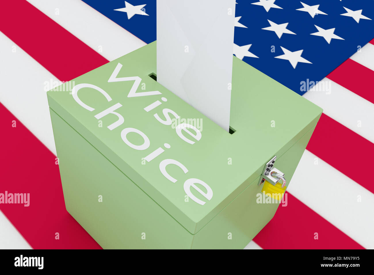 3D illustration of Wise Choice script on a ballot box, with US flag as ...