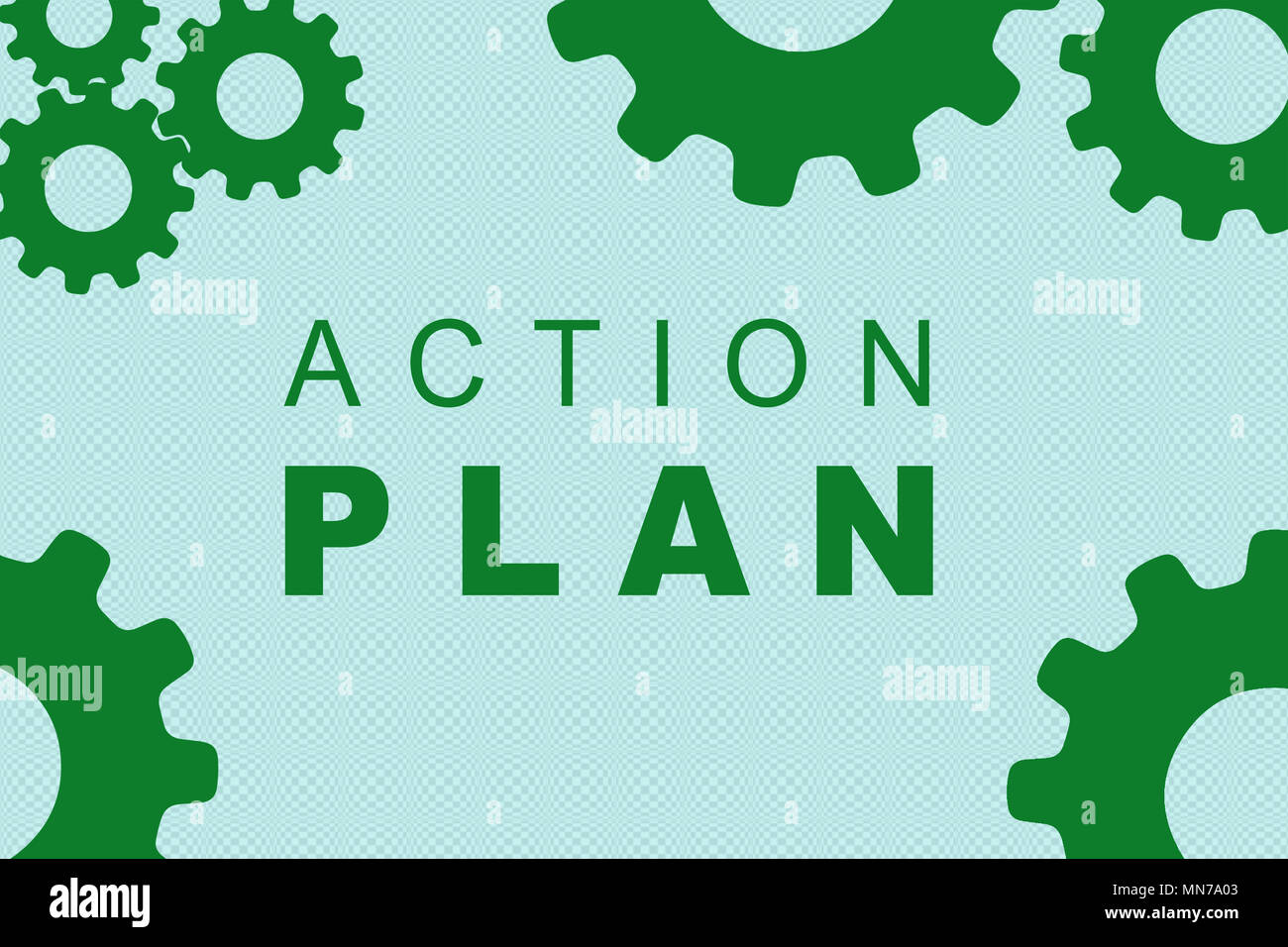 ACTION PLAN sign concept illustration with green gear wheel figures on ...