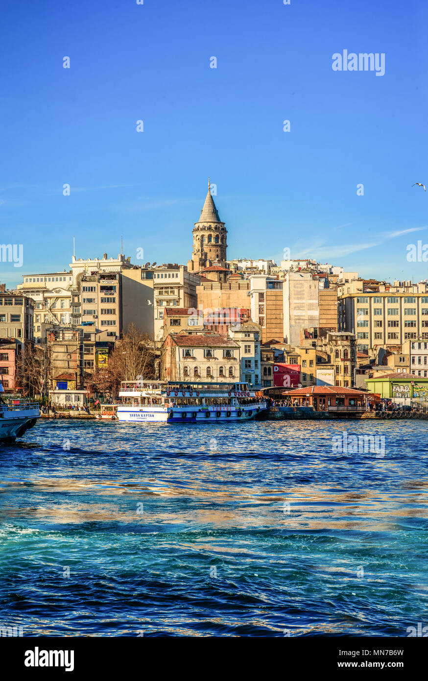 ISTANBUL, TURKEY - MARCH 5, 2017:Galata Tower, Galata Bridge, Karakoy ...