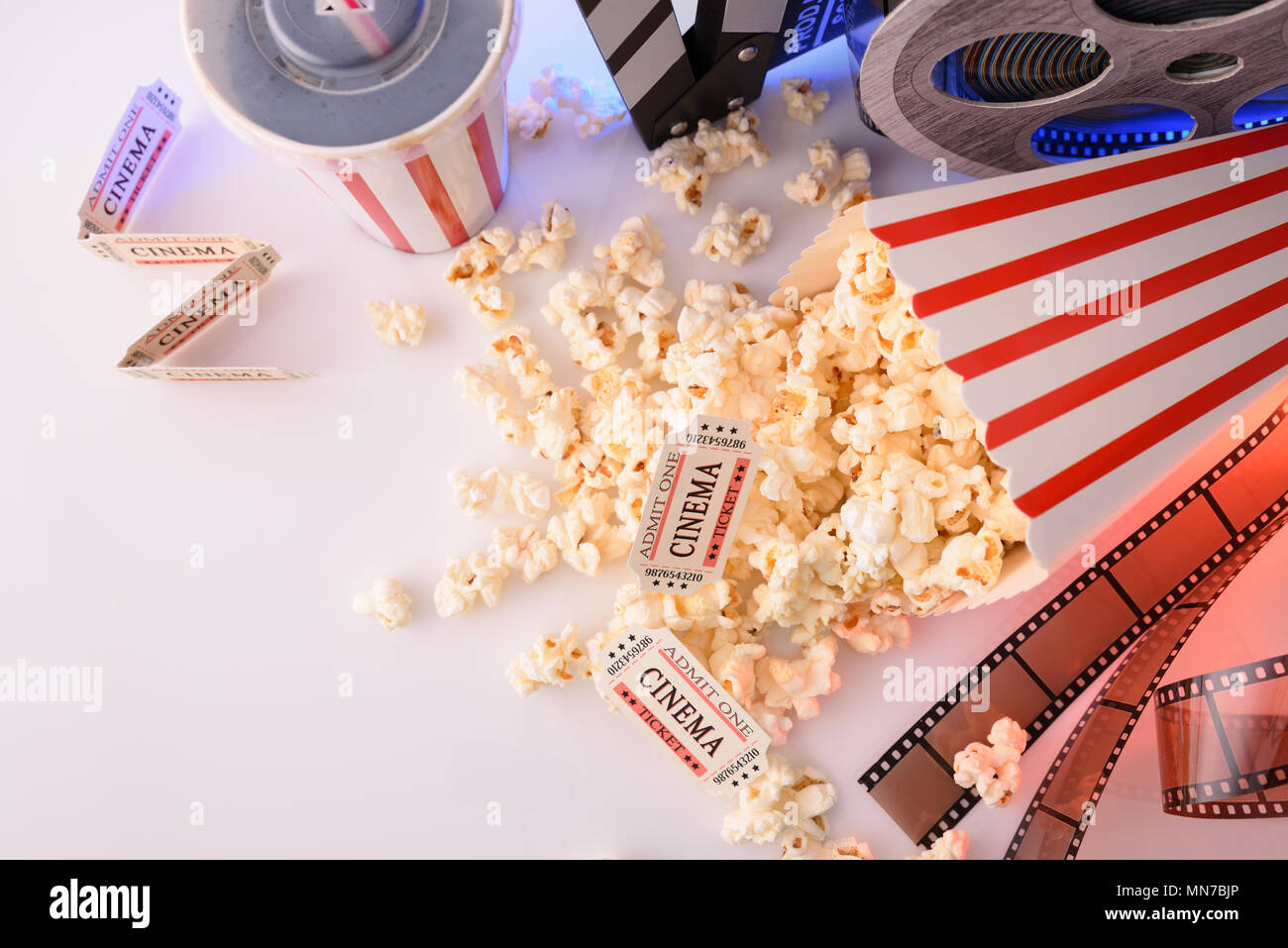 Conceptual objects of cinema on white table and background. Concept of ...