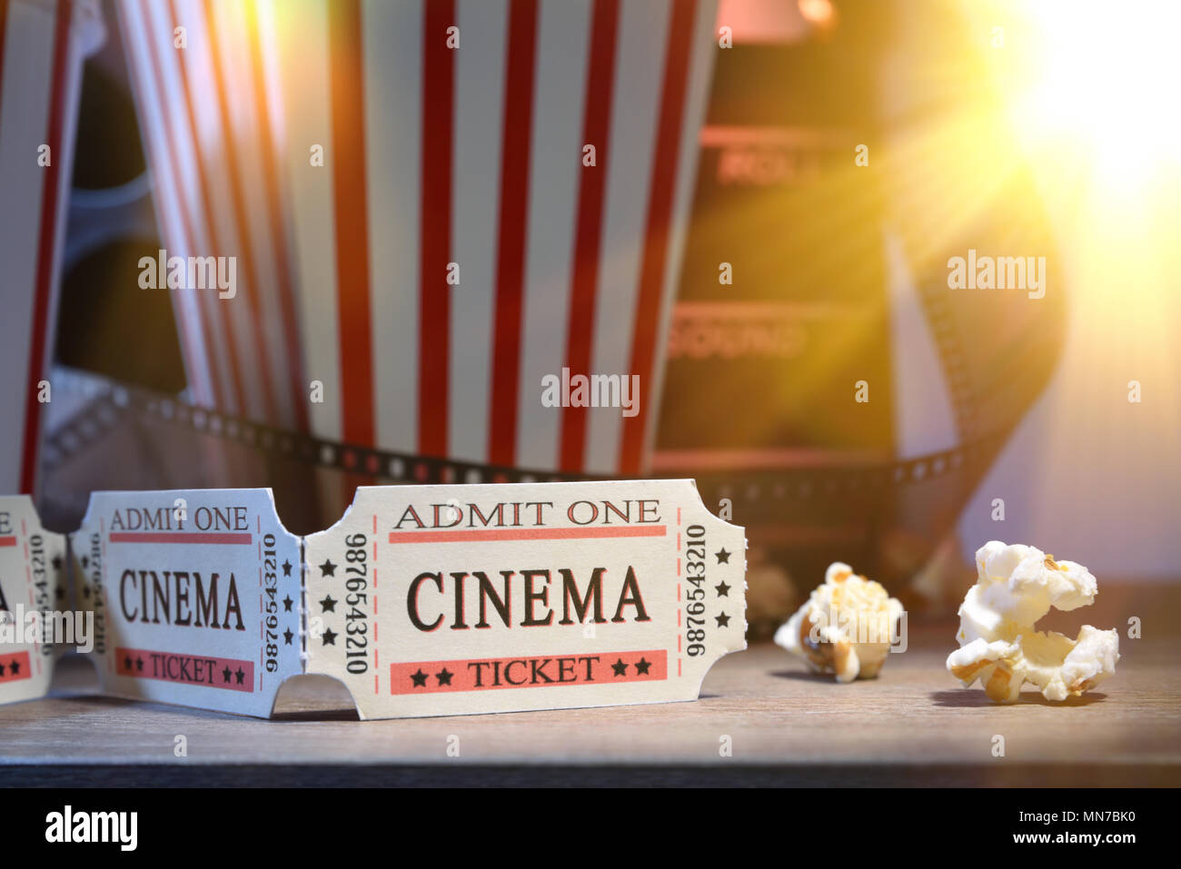 Close up equipment and elements of cinema on wooden table and ...