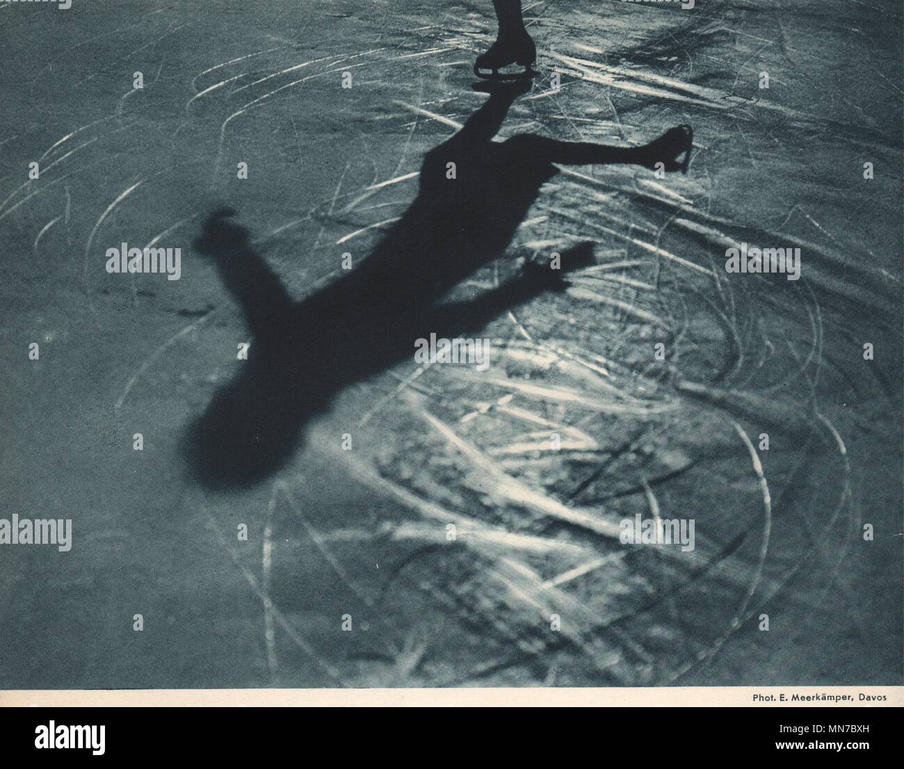 ICE FIGURE SKATING. Shadow of a figure skater, Davos 1935 old vintage ...