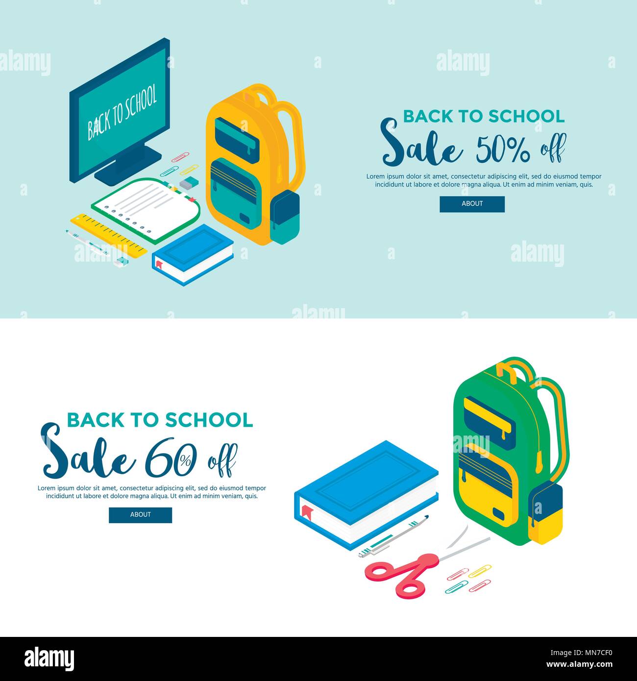 Isometric 3d school supplies set with screen, backpack, pen, eraser ...