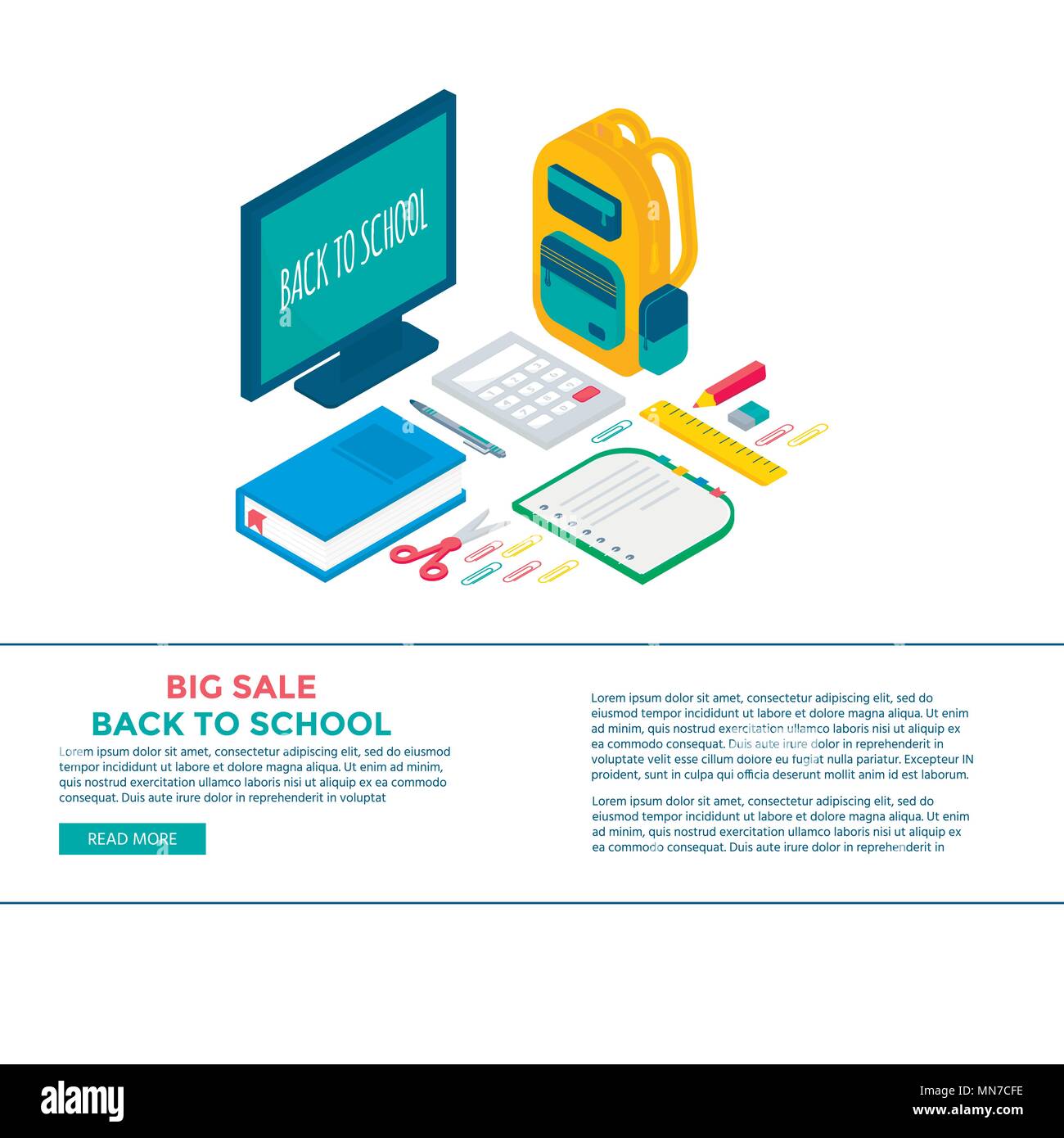 Isometric 3d school supplies set with screen, backpack, pen, eraser ...