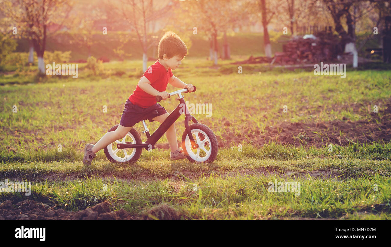 Little boy rides a balance bike in the countryside at sunset. Run ...