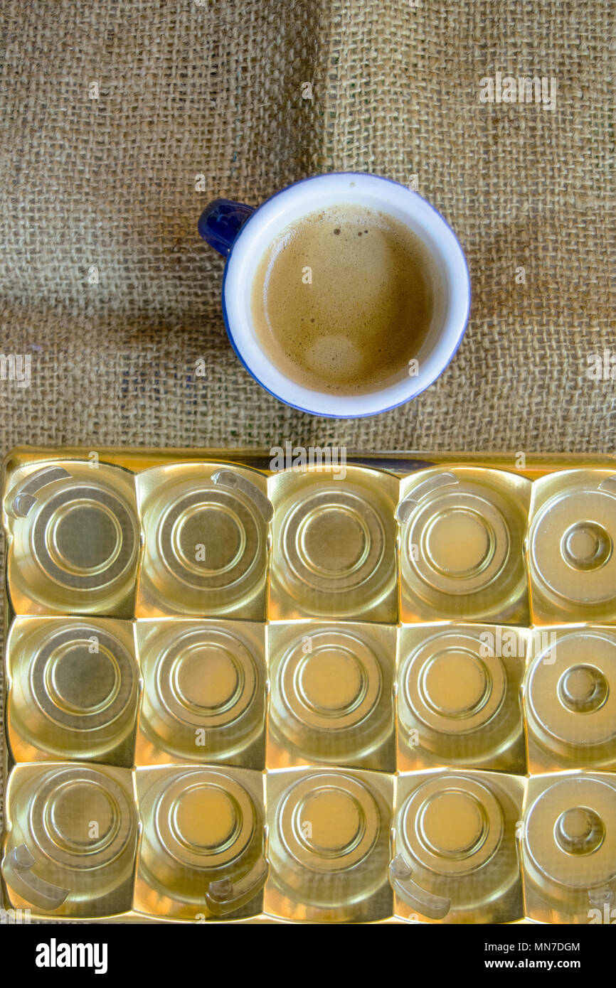 cup of short Italian expresso on a jute bag Stock Photo - Alamy