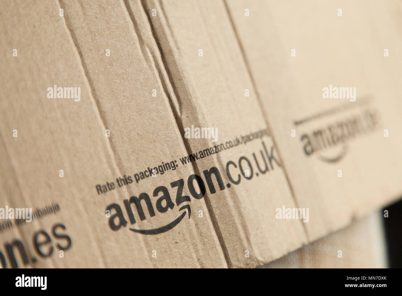 OXFORD, UK - MAY 22nd 2017: Amazon logo on a parcel. Amazon is the ...