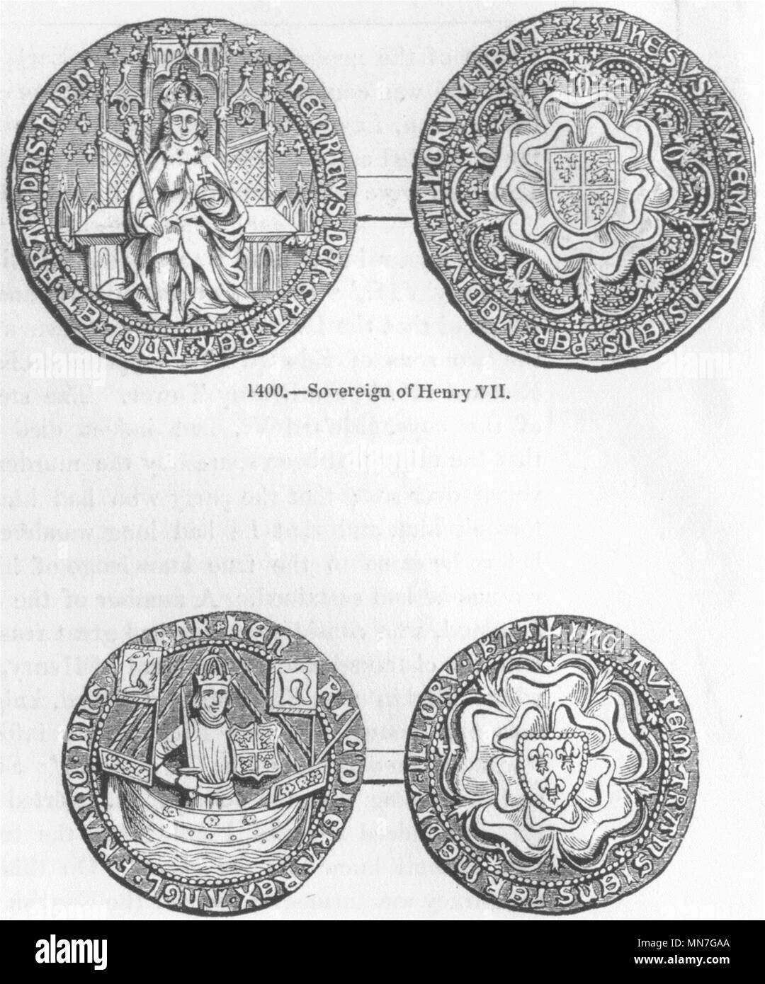 KINGS. Sovereign of Henry VII; Rose-Rial 1845 old antique print picture ...