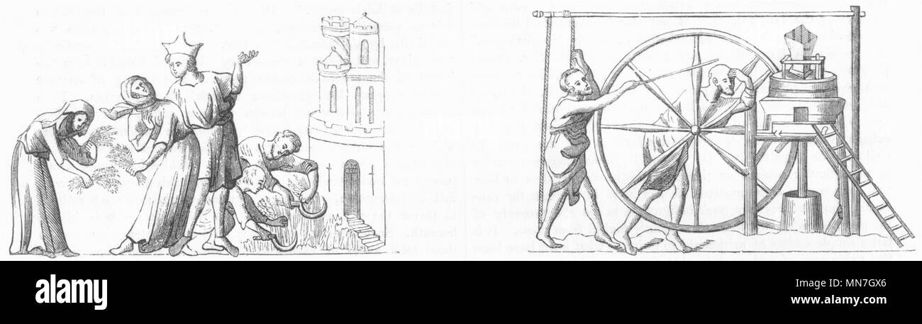 FARMING. Reaping & Gleaning; Corn Hand-mill 1845 old antique print ...