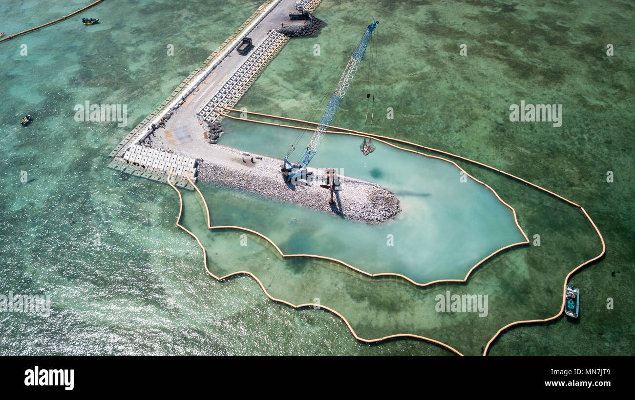 NAGO, JAPAN - MAY 14: Aerial photo shows the foundation construction of ...