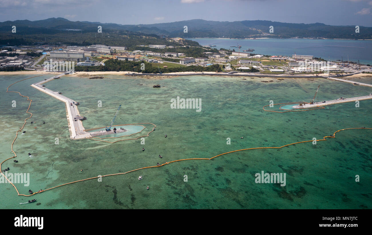 NAGO, JAPAN - MAY 14: Aerial photo shows the foundation construction of ...