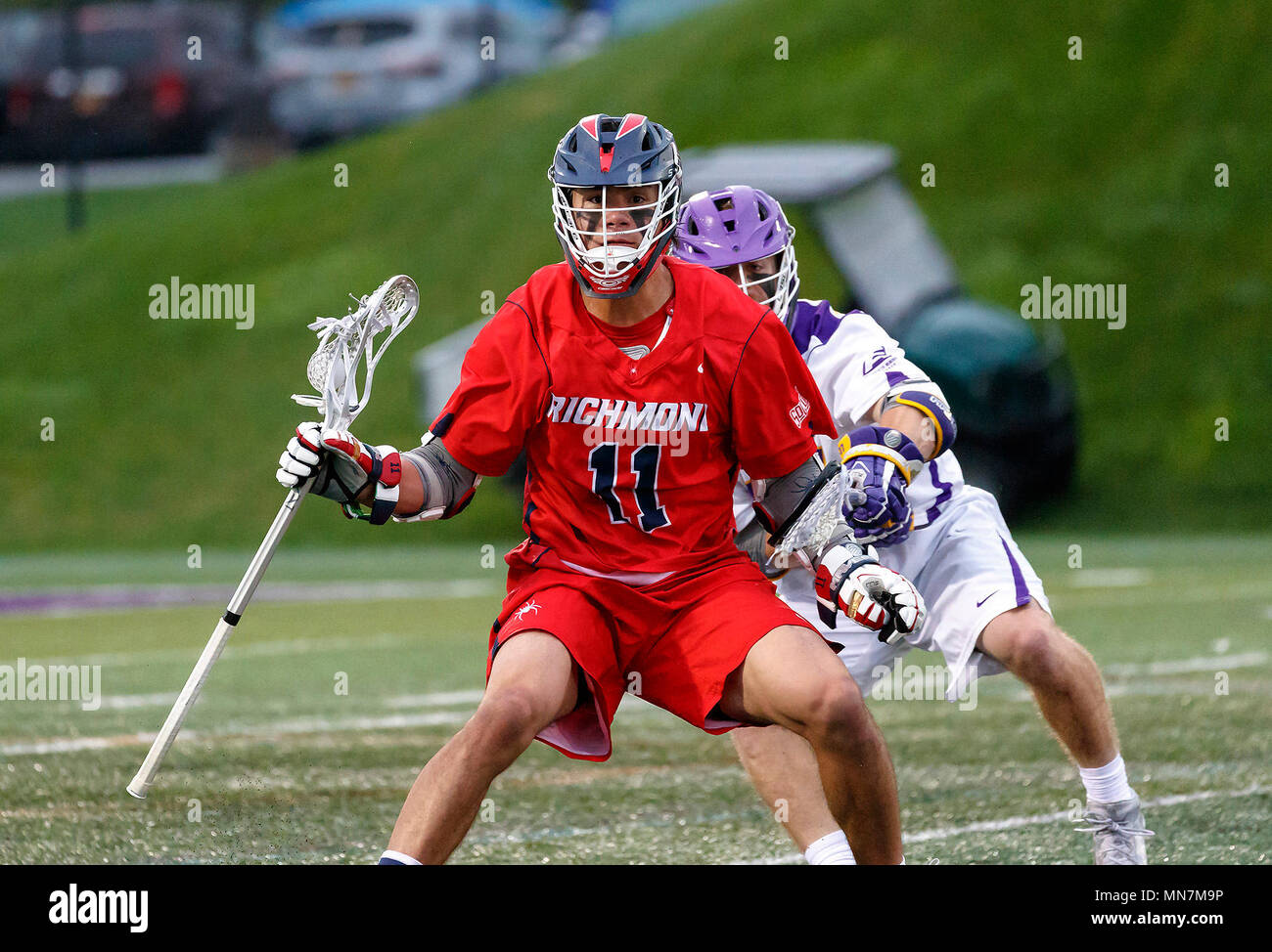 Albany, NY, USA. 12th May, 2018. Ryan Lee (#11) works against the ...