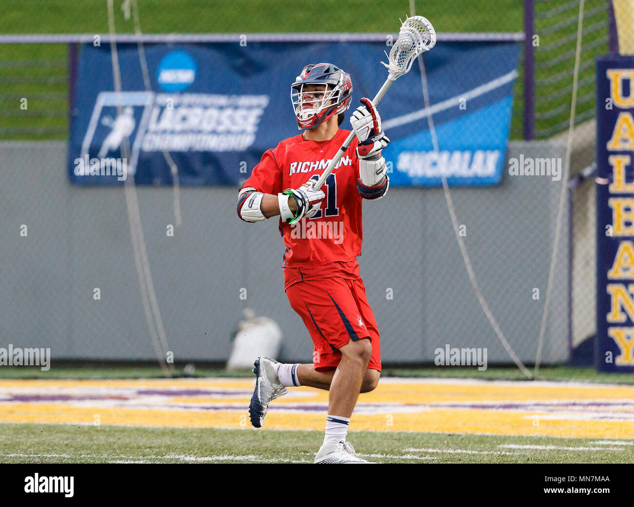 Albany, NY, USA. 12th May, 2018. Ryan Lee (#11) looks for a teammate as ...