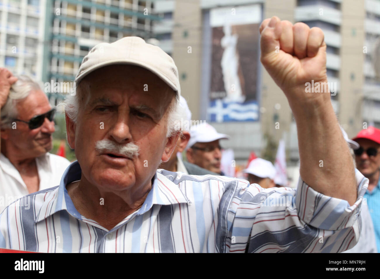 Athens, Greece. 15th May, 2018. Elderly people shout slogans during a ...
