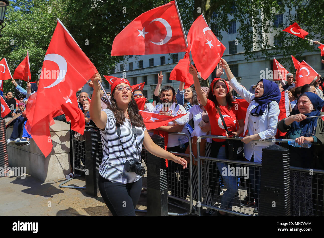 London UK. 15th May 2018 Jubilant Erdogan supporters wave Turkish ...