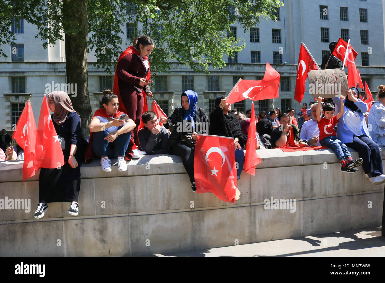 London UK. 15th May 2018 Jubilant Erdogan supporters wave Turkish ...