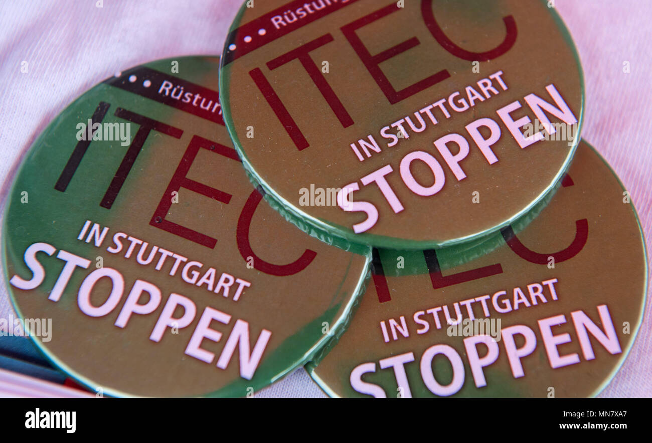 Stuttgart, Germany. 15th May, 2018. 15 May 2018, Germany, Stuttgart: Badges reading "Stop ITEC ...