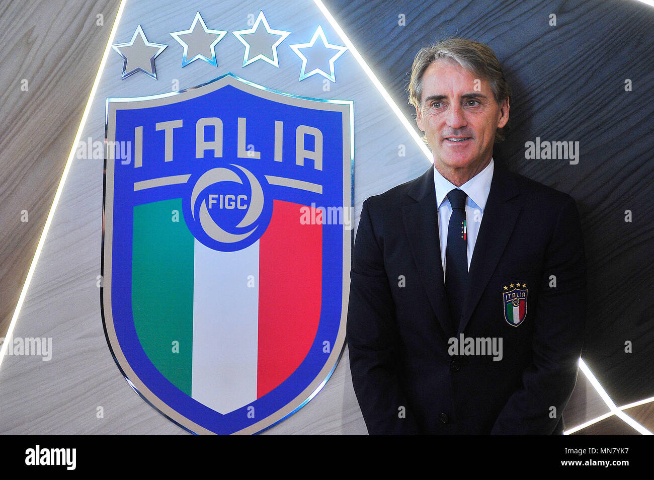 Florence, Italy. 15th May, 2018. Roberto Mancini is introduced as the ...