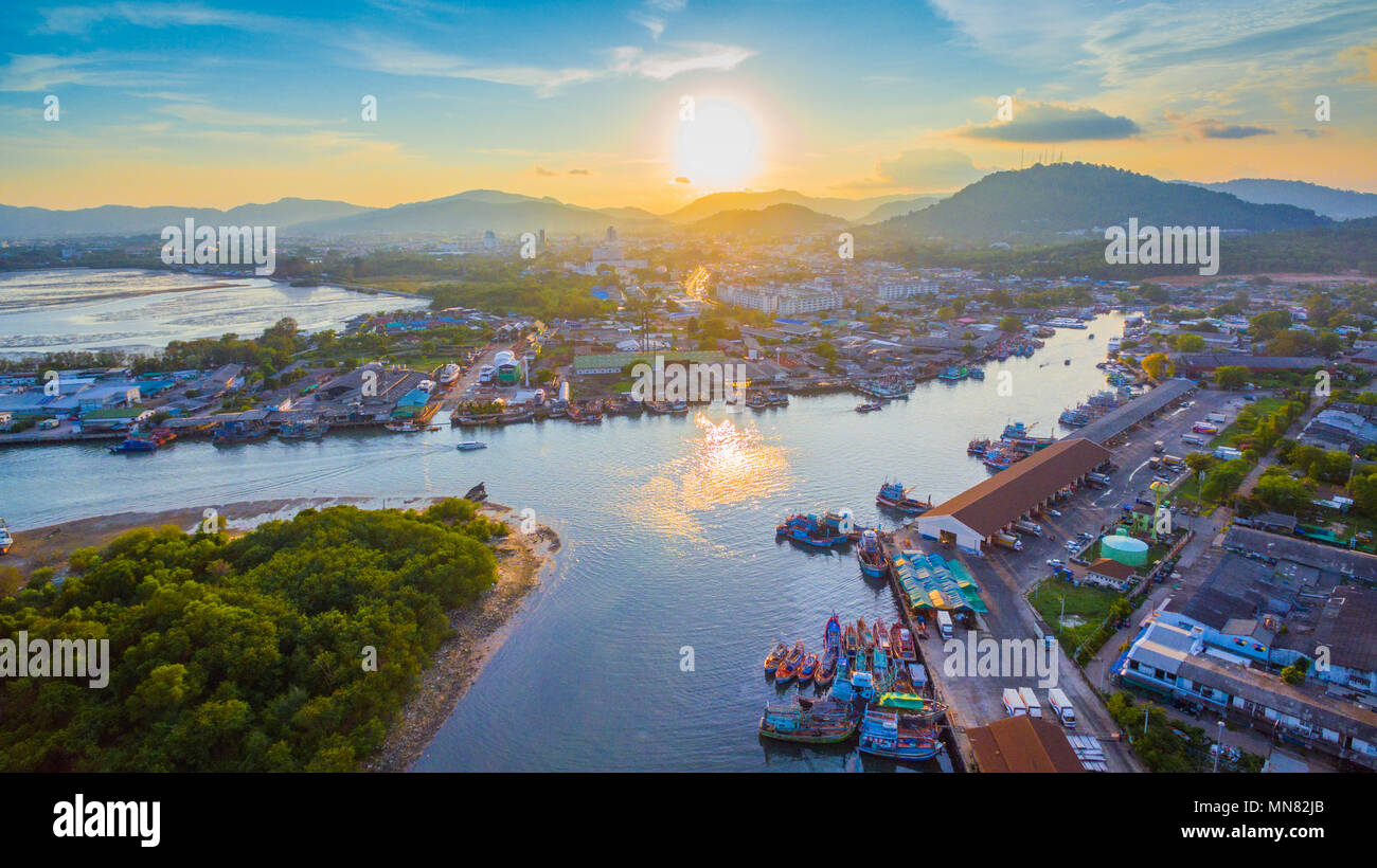 aerial view reflection of sunset at three junction canal near Phuket ...