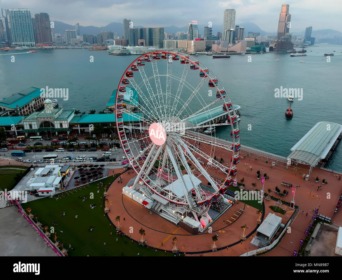 Aerial of the new observation wheel, and the International Commerce ...