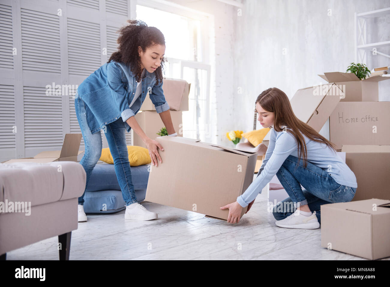Pleasant young girls lifting up heavy box together Stock Photo - Alamy