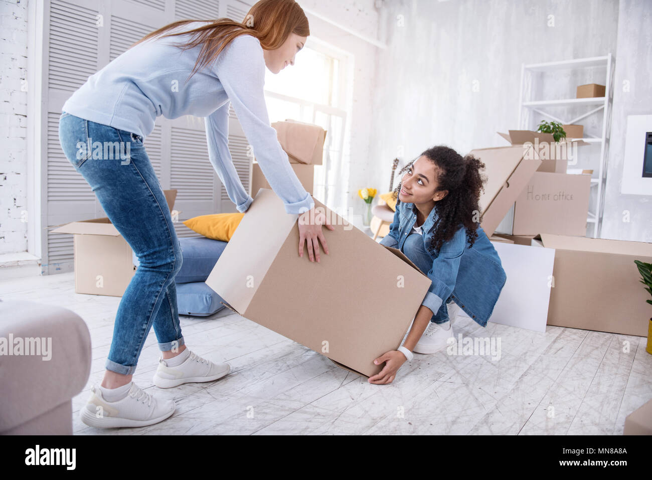 Pleasant young girl helping her roommate lift up box Stock Photo - Alamy