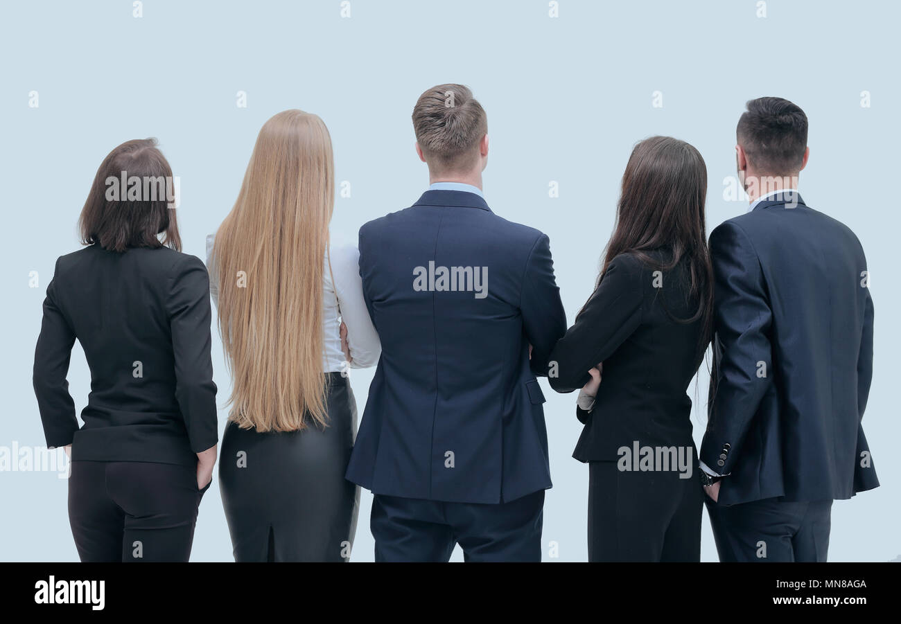 rear view. business team looking at a white screen Stock Photo - Alamy