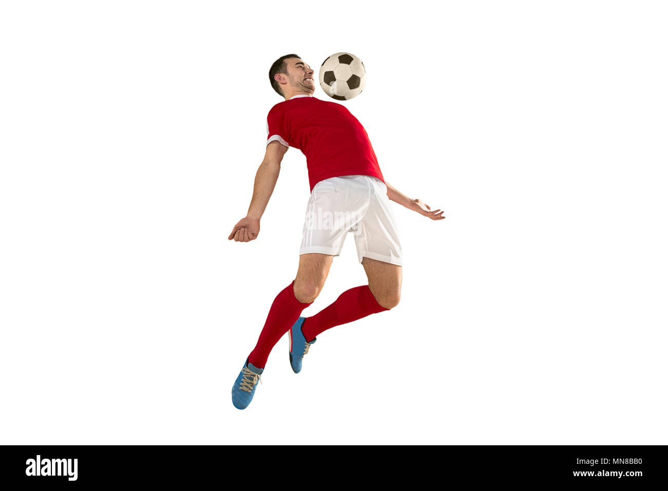 Professional football soccer player in motion isolated white studio ...