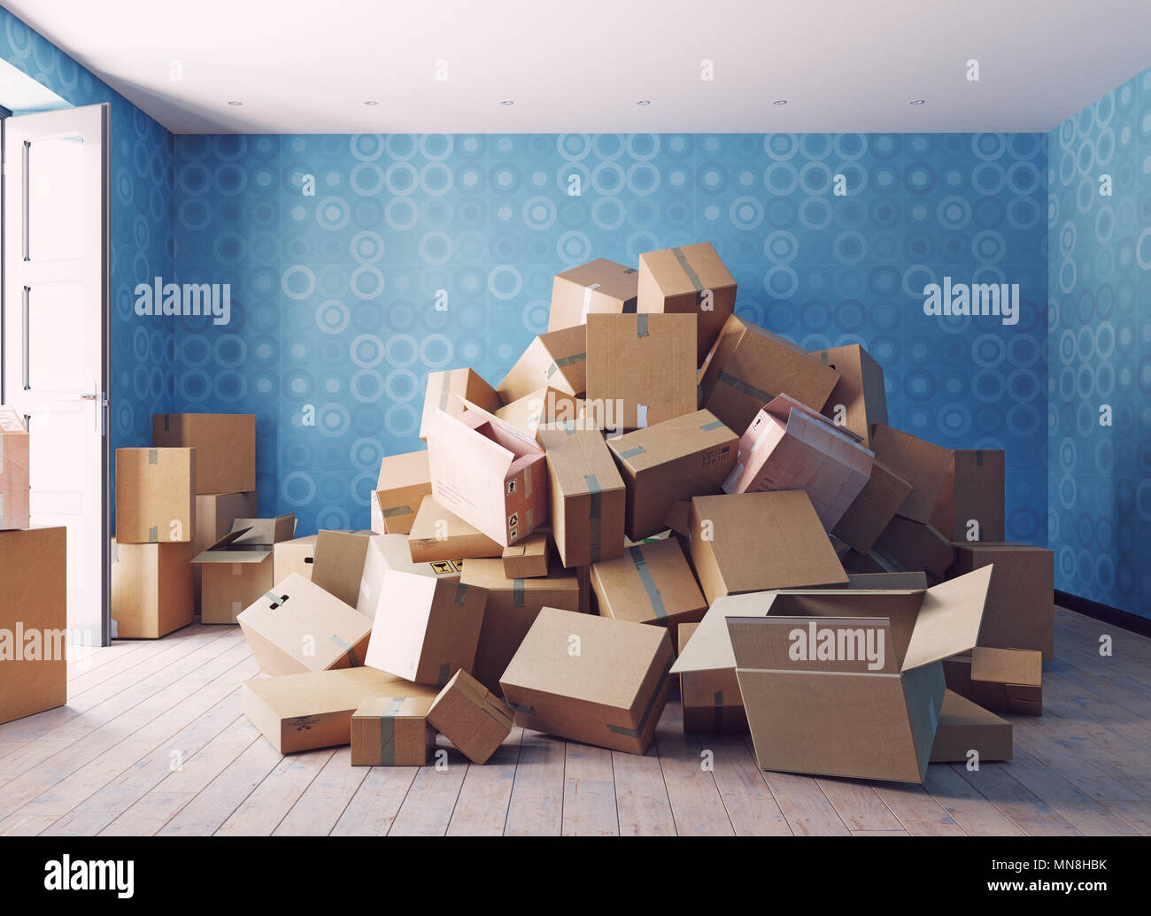 the heap of the cardboard boxes in the room. 3d concept Stock Photo - Alamy