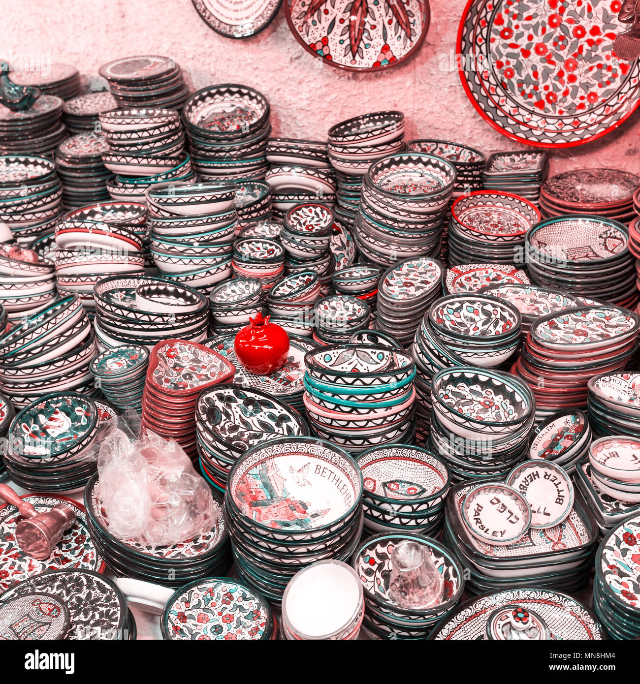 Traditional trading shop with pottery in the old city of Jerusalem ...