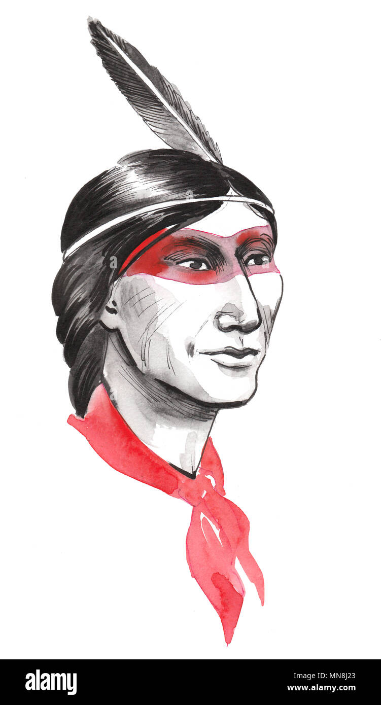 Native American. Ink and watercolor illustration Stock Photo - Alamy