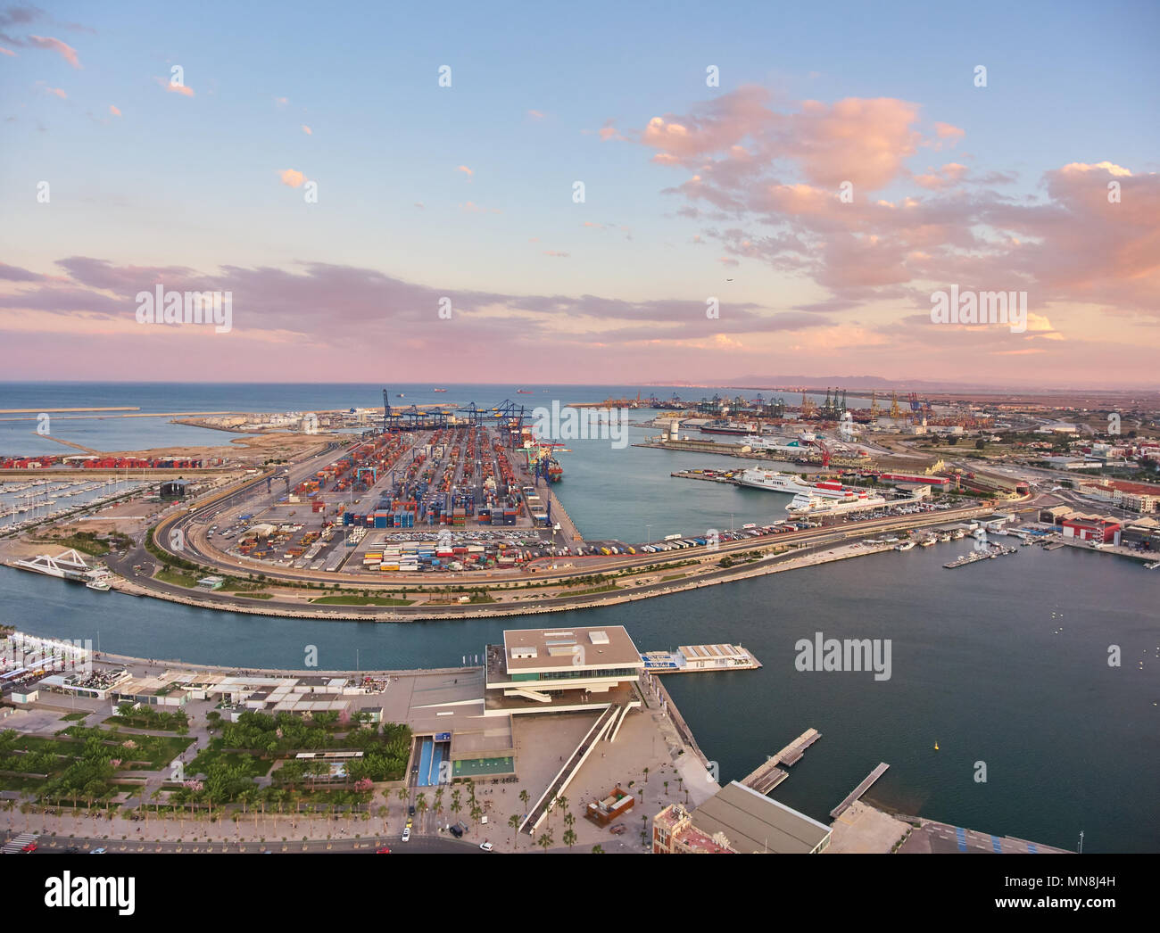 View from the air to the seaport of Valencia during sunset. Spain Stock ...