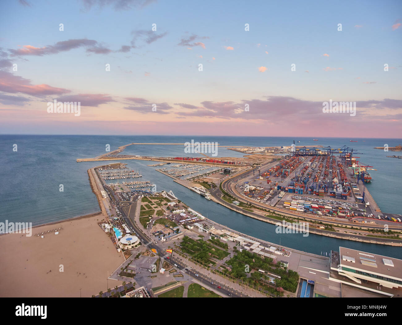 View from the air to the seaport of Valencia during sunset. Spain Stock ...