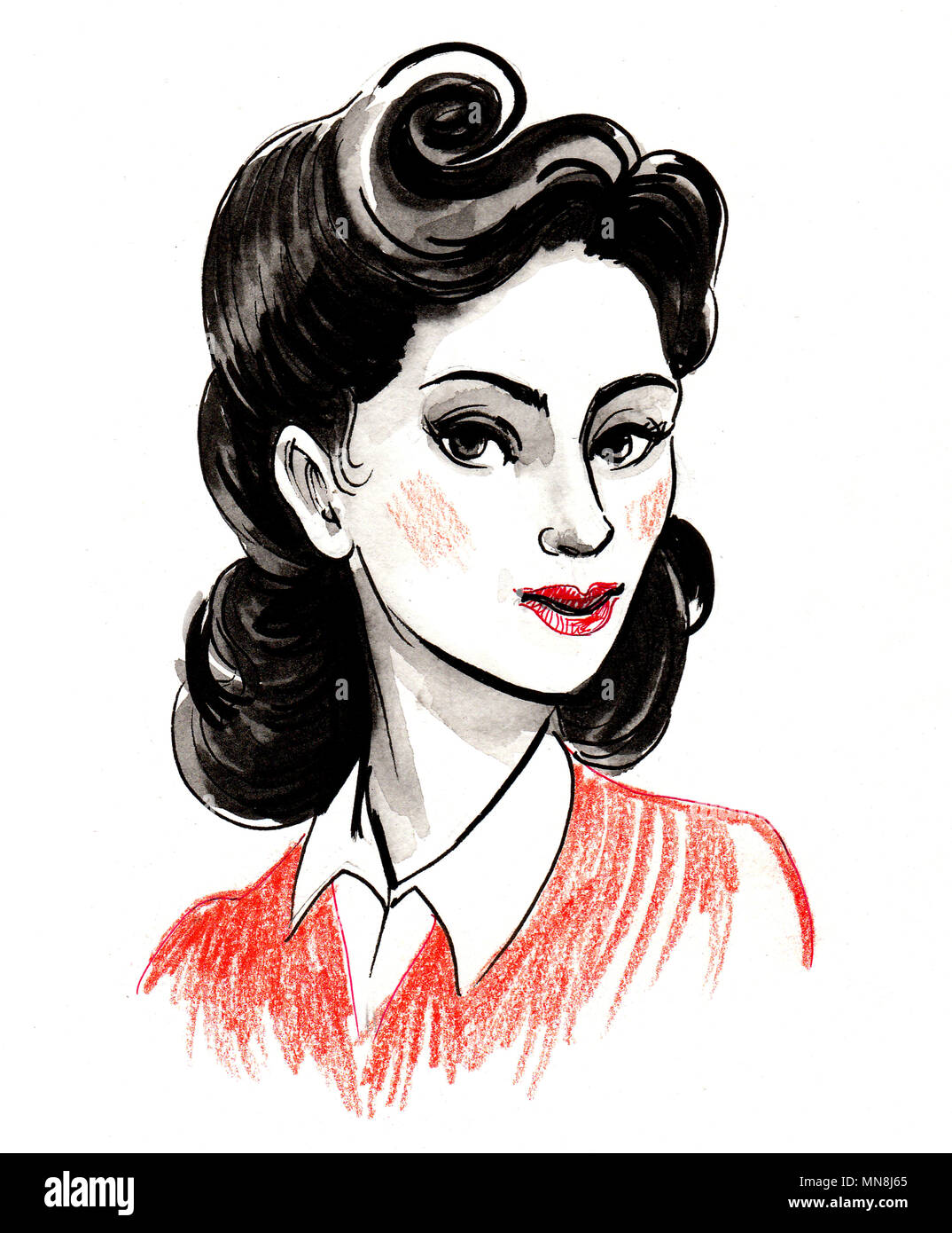 Pretty pin up woman. Ink and watercolor illustration Stock Photo - Alamy