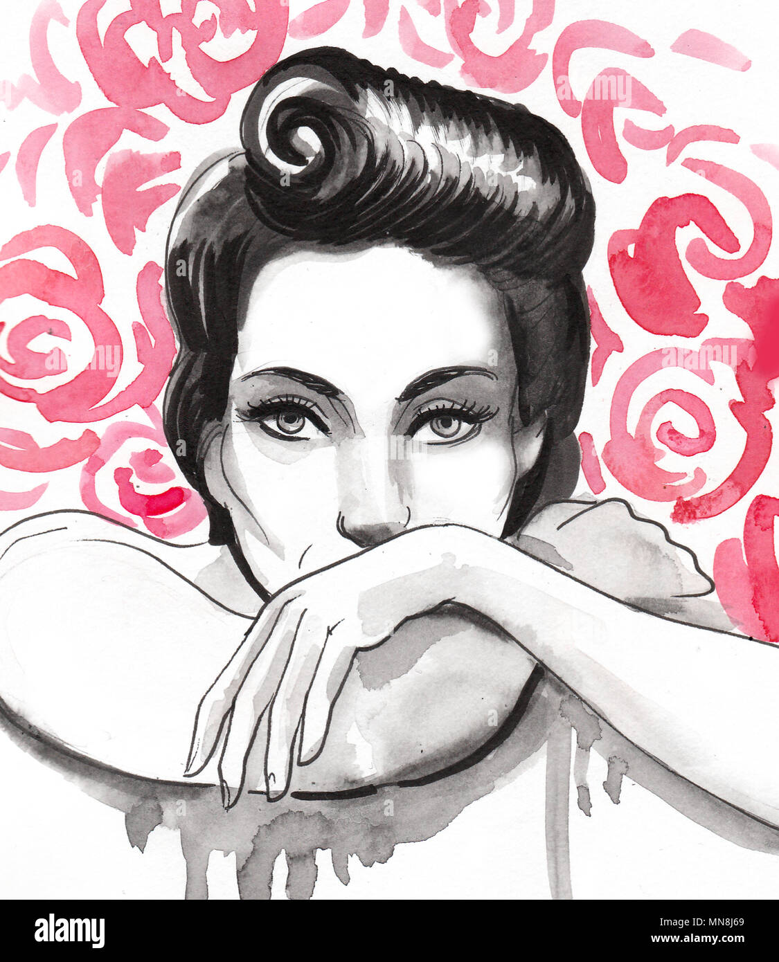 Pin up woman on a flower background Stock Photo - Alamy