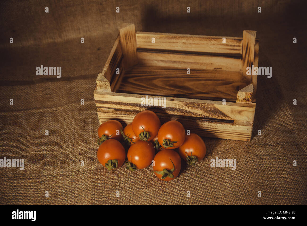 Fresh tomatoes and old burnt wooden crate or box with sackcloth ...