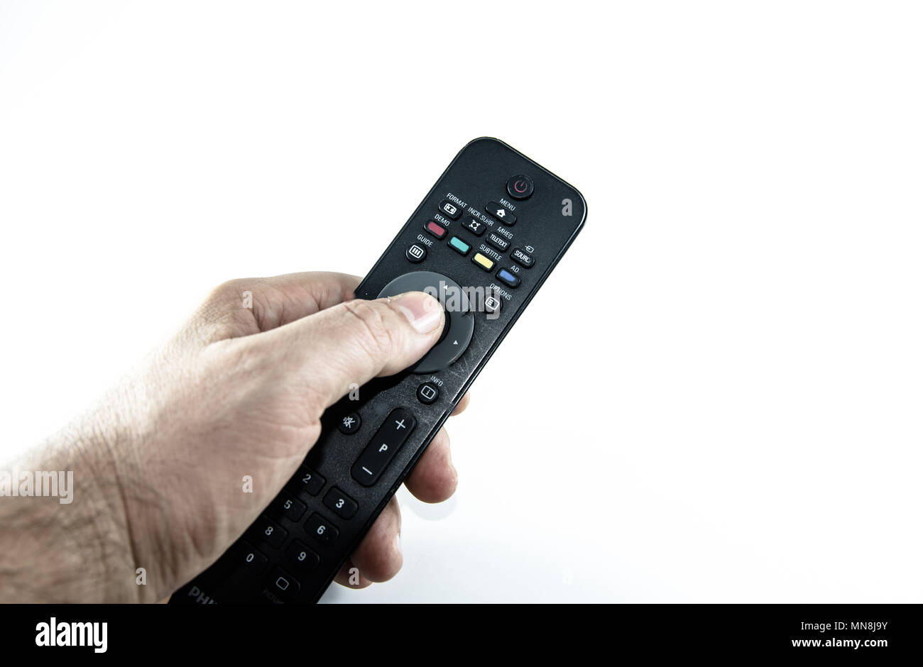 man holding television remote control isolated on white background ...
