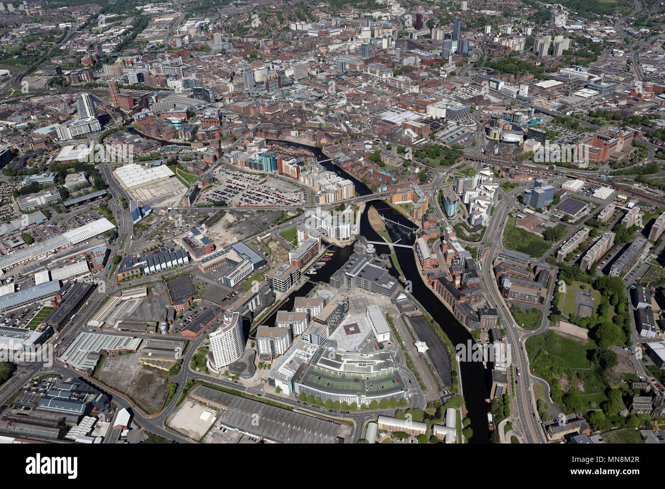 aerial view of Leeds Dock with Leeds city centre skyline in the ...